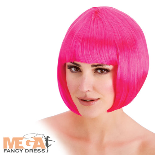 Ladies Halloween Short Hot Pink Diva Bob Wig Fancy Dress Costume Acces